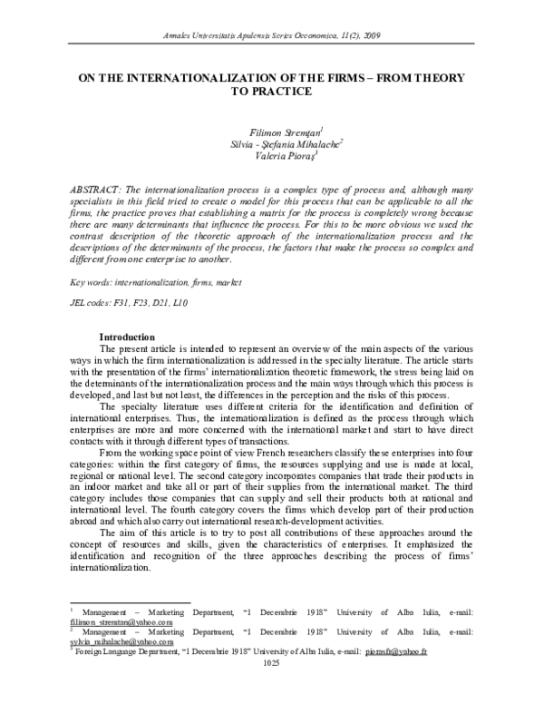 (PDF) On The Internationalization Of The Firms – From Theory To Practice