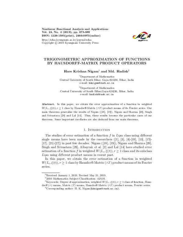 (PDF) Trigonometric Approximation of Functions by Hausdorff-Matrix ...
