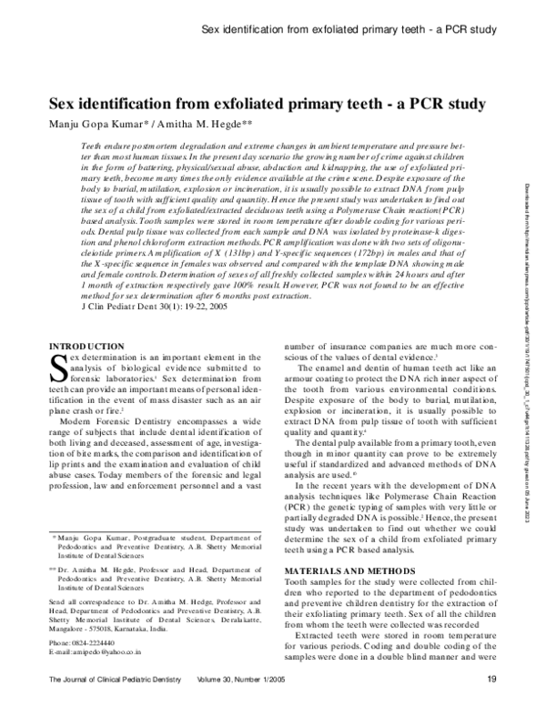 (PDF) Sex identification from exfoliated primary teeth - a PCR study