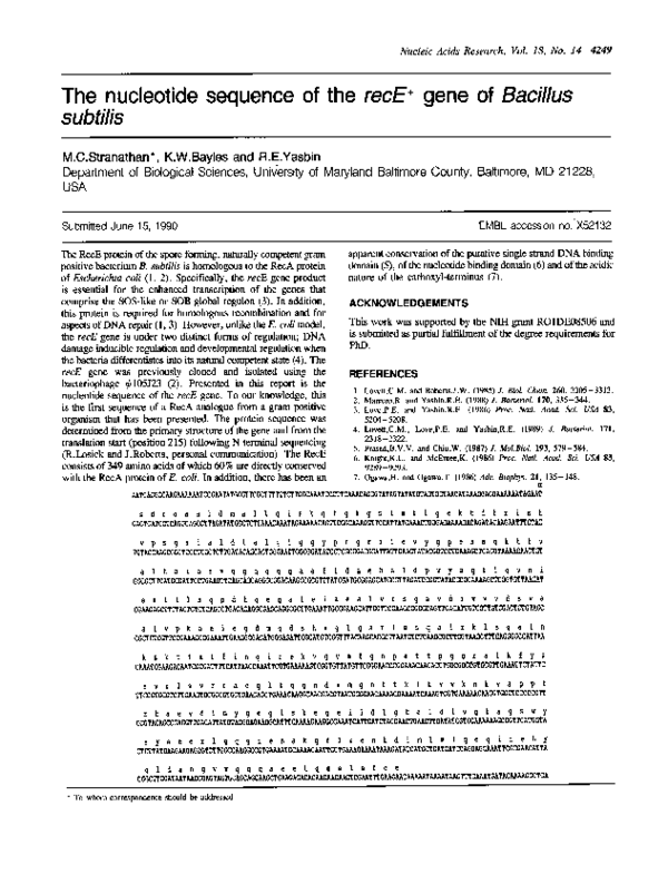 (PDF) The nucleotide sequence of the recE + gene of Bacillus subtilis