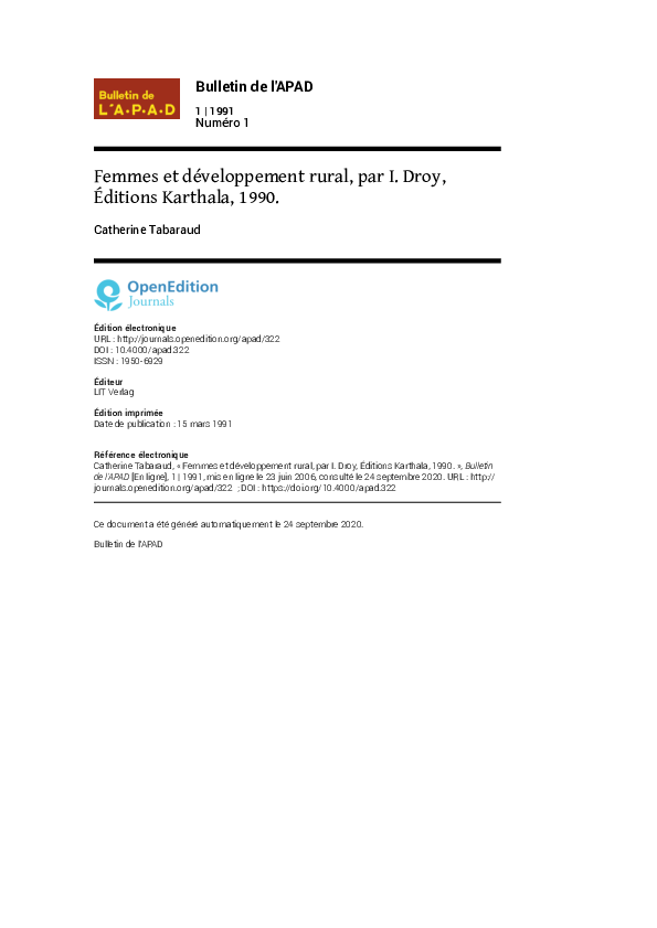 (PDF) Femmes et développement rural, par I. Droy, Éditions Karthala ...