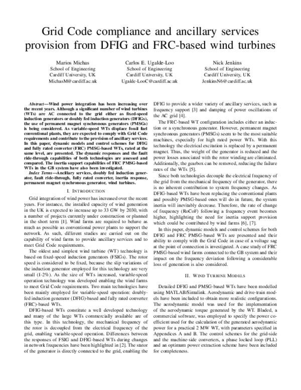 (PDF) Grid code compliance and ancillary services provision from DFIG and FRC-based wind turbines