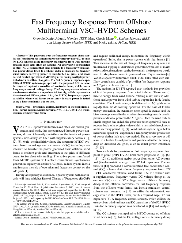(PDF) Fast Frequency Response From Offshore Multiterminal VSC–HVDC Schemes