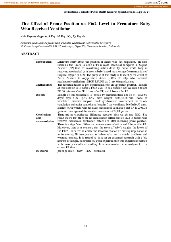 (PDF) The effect of prone position on Fio2 level in premature baby who ...