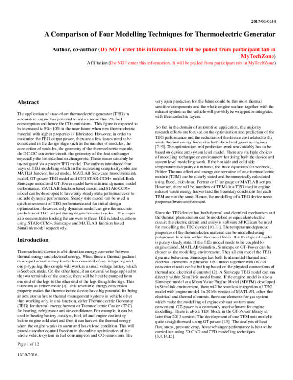 (PDF) A Comparison of Four Modelling Techniques for Thermoelectric Generator