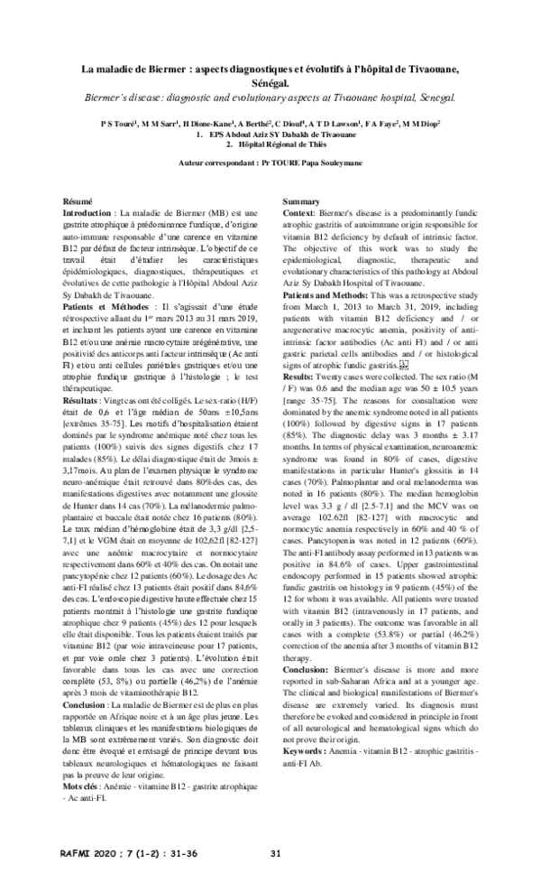 (PDF) La maladie de Biermer : aspects diagnostiques et évolutifs à l ...