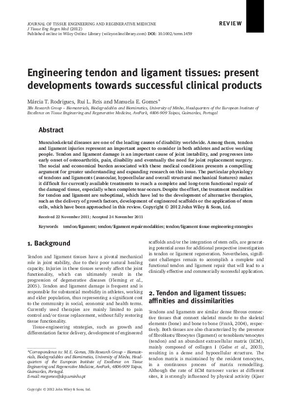 (PDF) Engineering tendon and ligament tissues: present developments ...