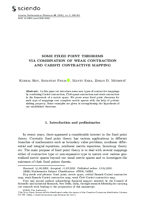 Pdf Some Fixed Point Theorems Via Combination Of Weak Contraction And Caristi Contractive Mapping