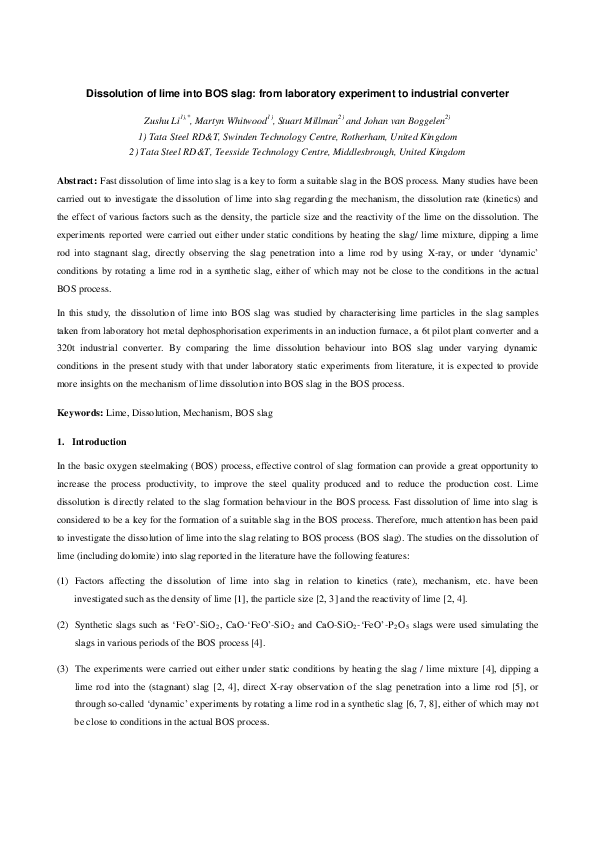 (PDF) Dissolution of lime in BOS slag: from laboratory experiment to ...