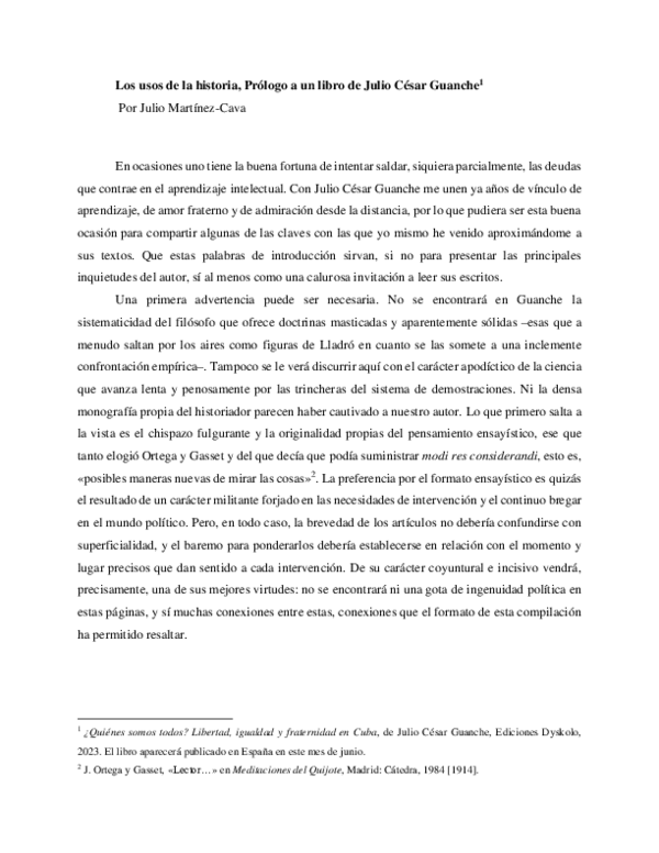 (PDF) Los usos de la historia. Prólogo a un libro de Julio César Guanche
