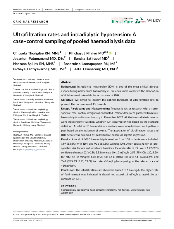 (PDF) Ultrafiltration rates and intradialytic hypotension: A case ...