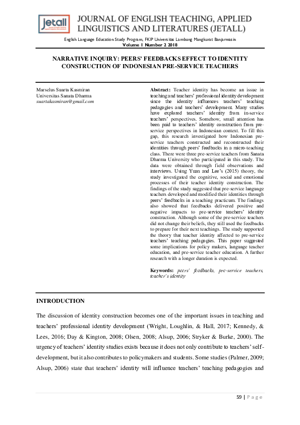 (PDF) Narrative Inquiry: Peers’ Feedbacks Effect to Identity Construction of Indonesian Pre ...