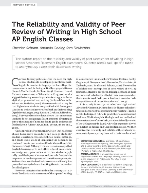 Pdf The Reliability And Validity Of Peer Review Of Writing In High School Ap English Classes