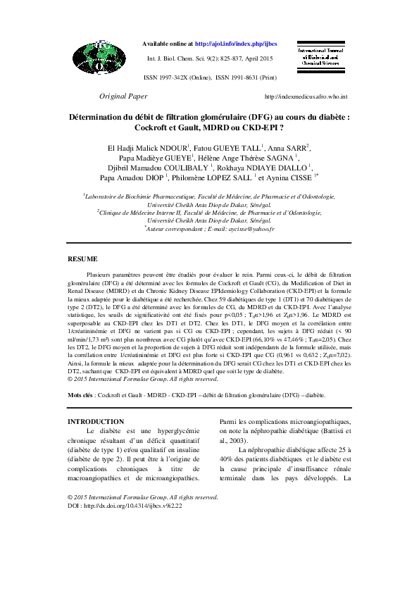 (PDF) Détermination du débit de filtration glomérulaire (DFG) au cours ...