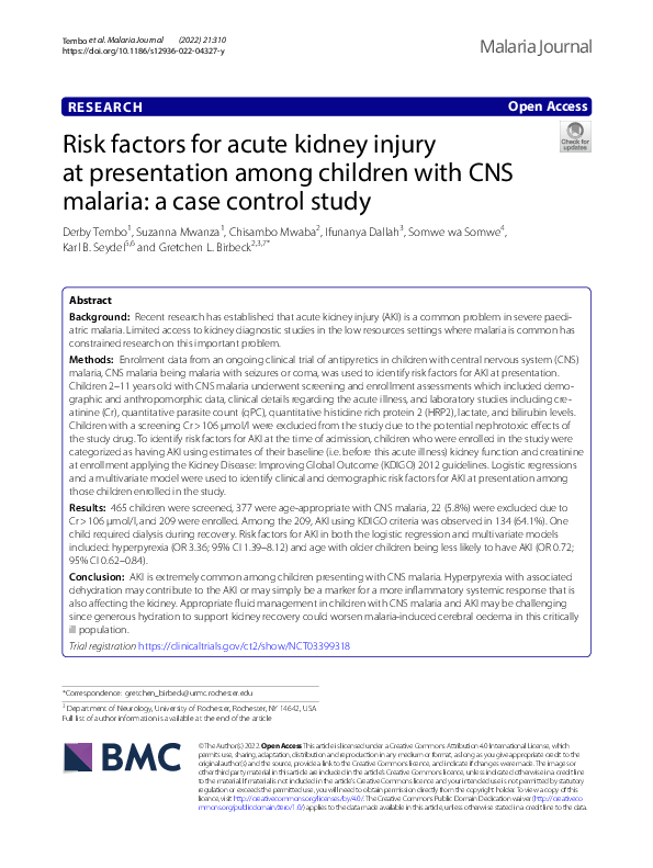 (PDF) Risk factors for acute kidney injury at presentation among children with CNS malaria: a ...