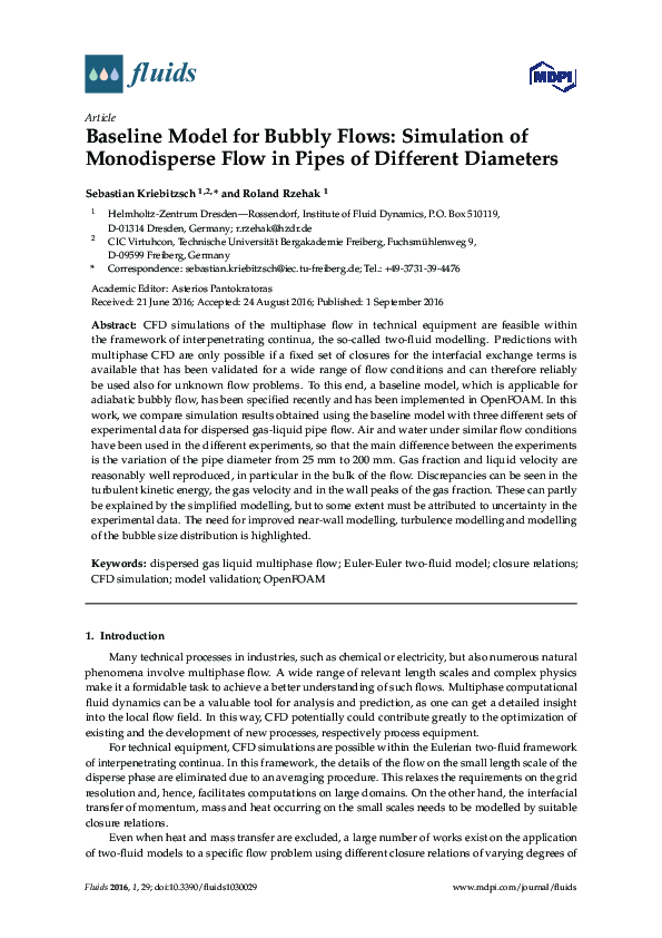 (PDF) Baseline Model for Bubbly Flows: Simulation of Monodisperse Flow in Pipes of Different ...
