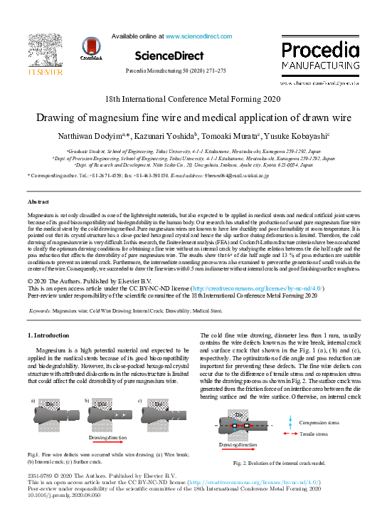 (PDF) Drawing of magnesium fine wire and medical application of drawn wire
