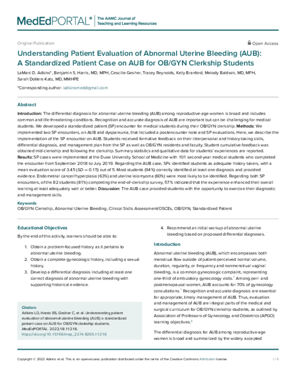 (PDF) Understanding Patient Evaluation of Abnormal Uterine Bleeding (AUB): A Standardized ...