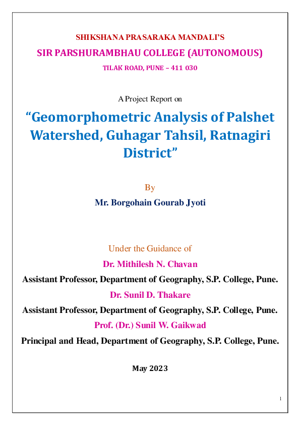 (PDF) "Geomorphometric Analysis of Palshet Watershed, Guhagar Tahsil ...
