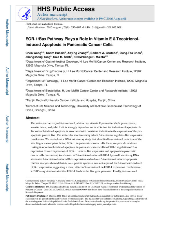 (PDF) EGR-1/Bax pathway plays a role in vitamin E δ-tocotrienol-induced ...