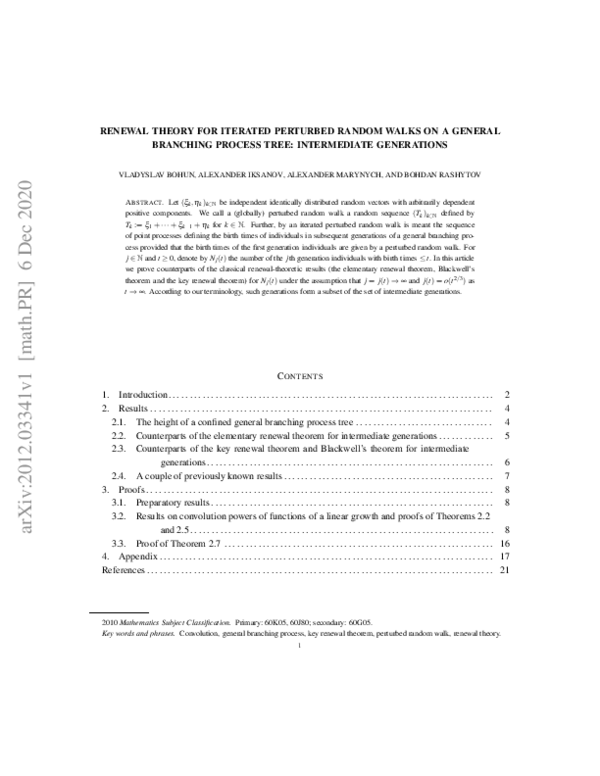 (PDF) Renewal theory for iterated perturbed random walks on a general branching process tree ...