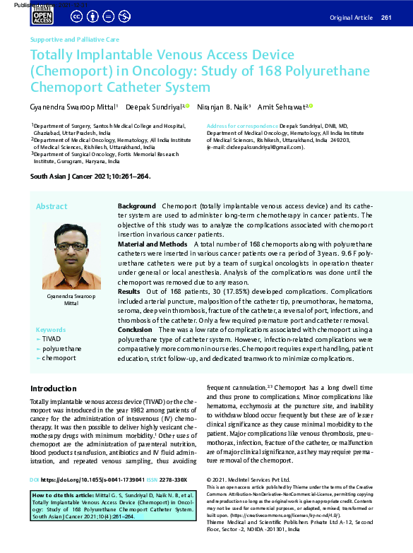 (PDF) Totally Implantable Venous Access Device (Chemoport) in Oncology ...