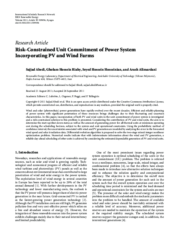 (PDF) Risk-Constrained Unit Commitment of Power System Incorporating PV and Wind Farms