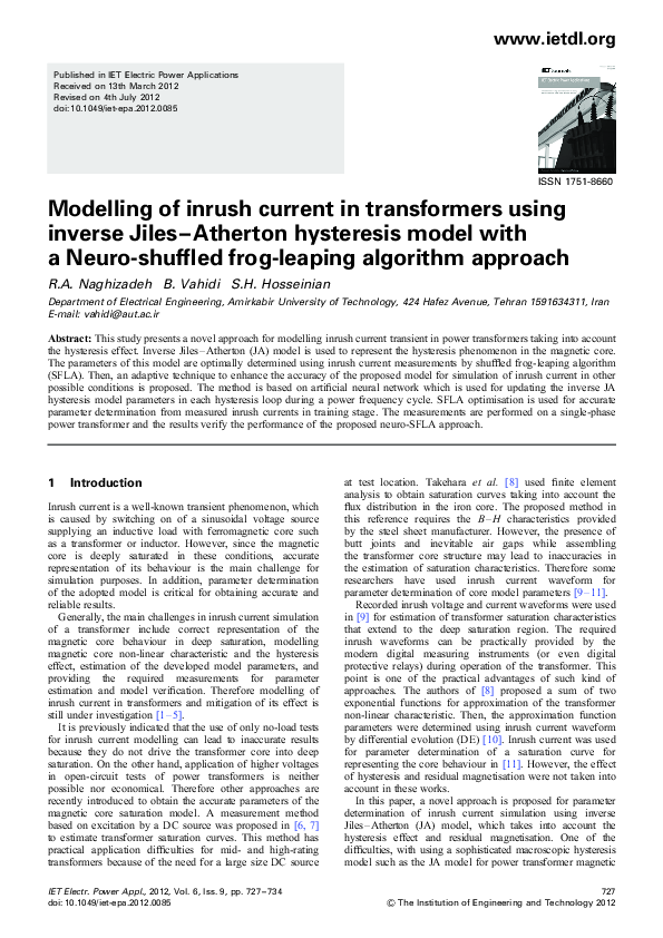 (PDF) Modelling of inrush current in transformers using inverse Jiles–Atherton hysteresis model ...