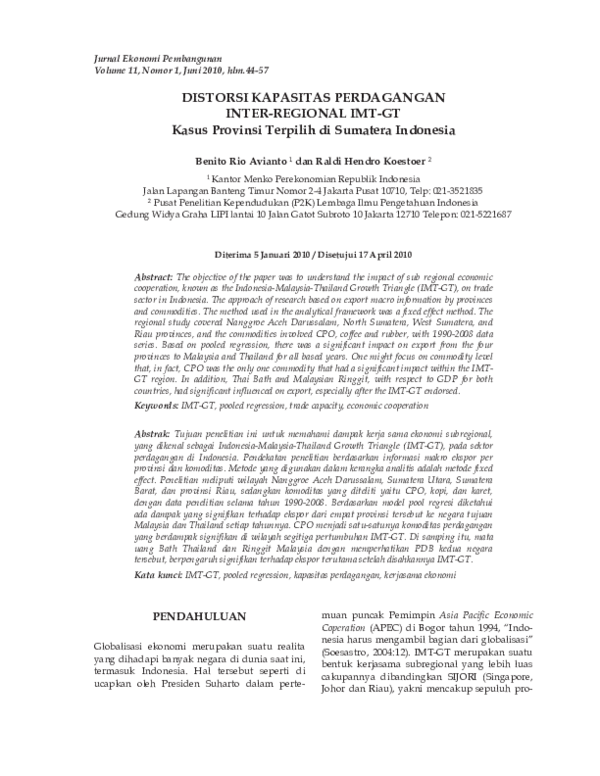 (PDF) DISTORSI KAPASITAS PERDAGANGAN INTER-REGIONAL IMT-GT Kasus Provinsi Terpilih di Sumatera ...