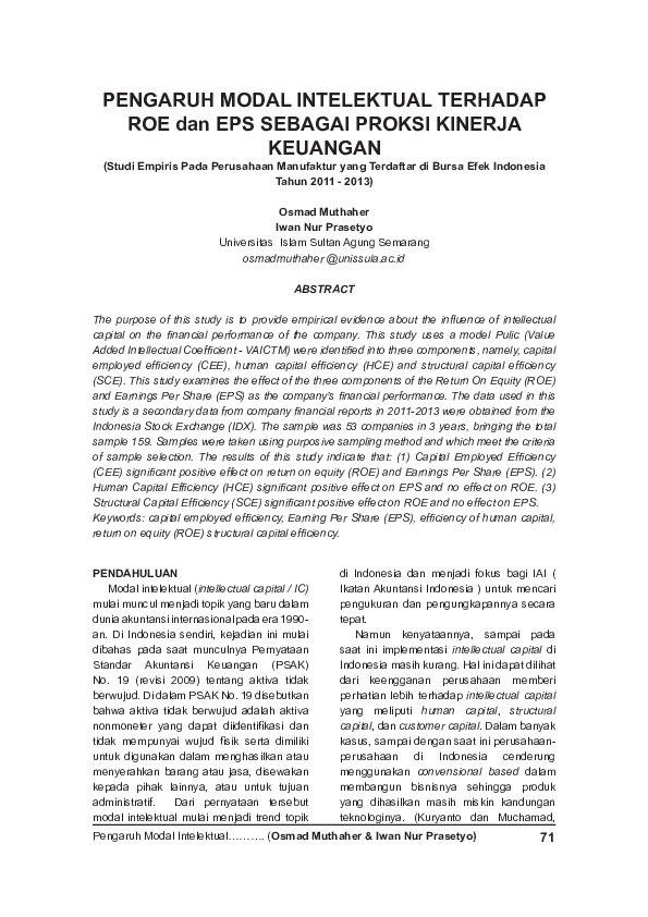 (PDF) PENGARUH MODAL INTELEKTUAL TERHADAP ROE dan EPS SEBAGAI PROKSI ...