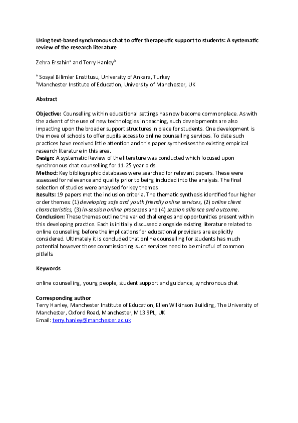(DOC) Using text-based synchronous chat to offer therapeutic support to students: A systematic ...
