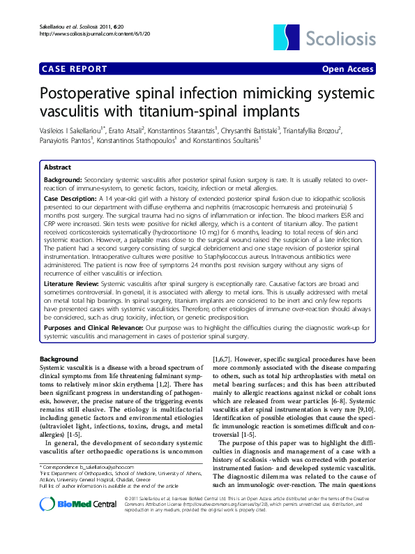 (PDF) Postoperative spinal infection mimicking systemic vasculitis with titanium-spinal implants ...