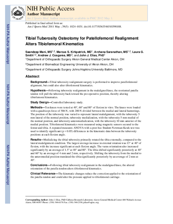 (PDF) Tibial Tuberosity Osteotomy for Patellofemoral Realignment Alters ...