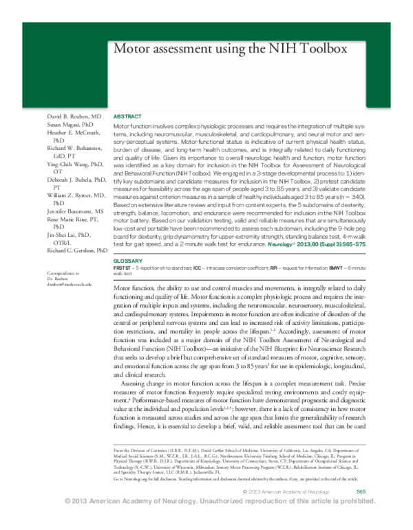 (PDF) Motor assessment using the NIH Toolbox