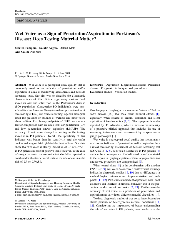 (PDF) Wet Voice as a Marker for Aspiration in PD