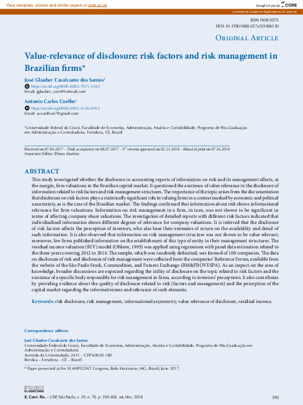 (PDF) Value-relevance do disclosure:: fatores e gestão de riscos em ...