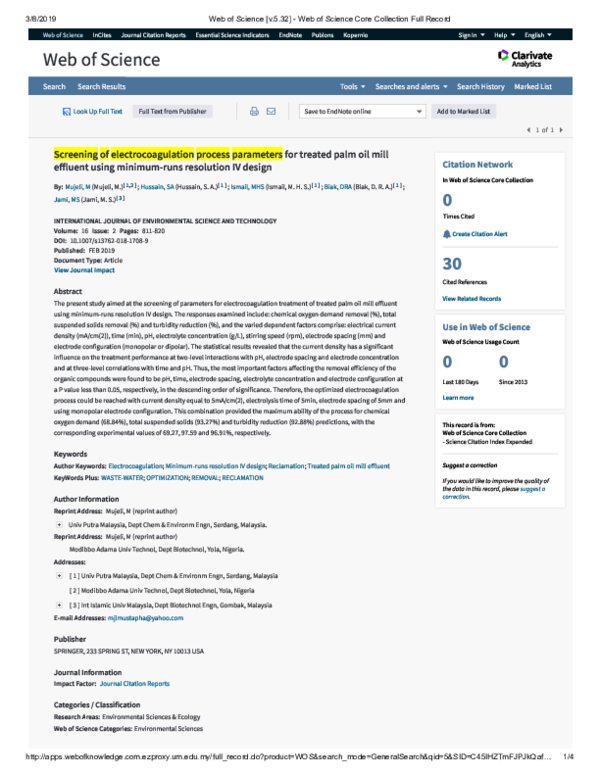 (PDF) Screening of electrocoagulation process parameters for treated palm oil mill effluent ...