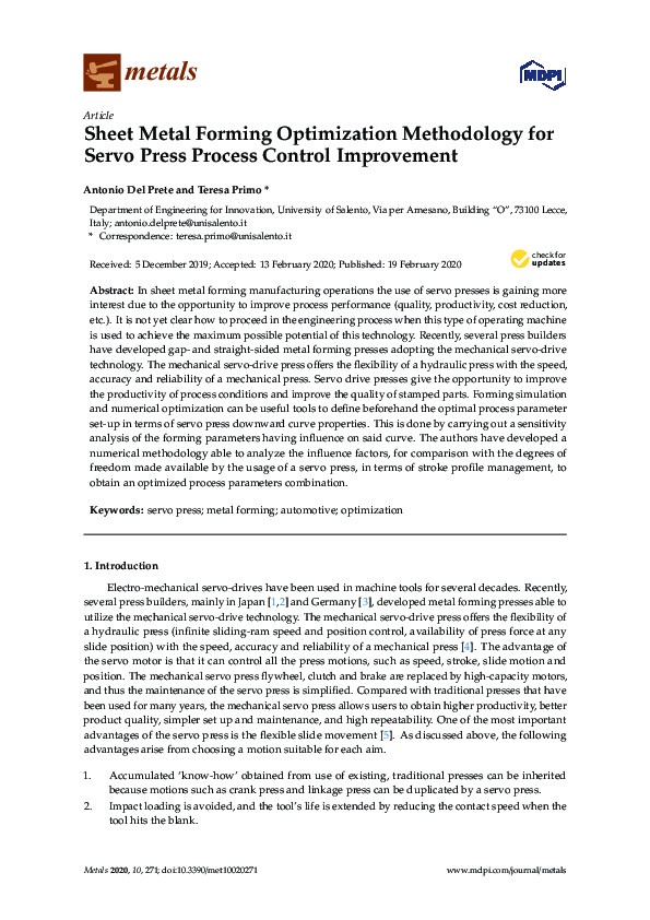 (PDF) Sheet Metal Forming Optimization Methodology for Servo Press ...
