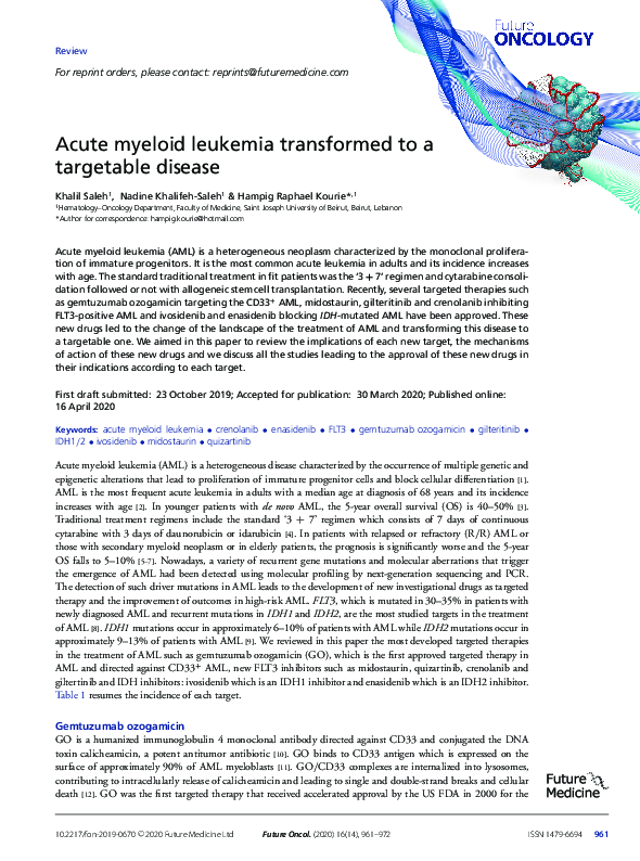(PDF) Acute myeloid leukemia transformed to a targetable disease