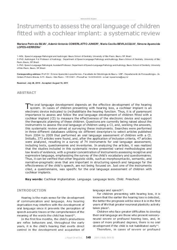 (PDF) Instruments to assess the oral language of children fitted with a cochlear implant: a ...