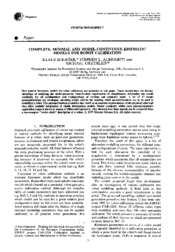 (PDF) Complete, minimal and model-continuous kinematic models for robot calibration