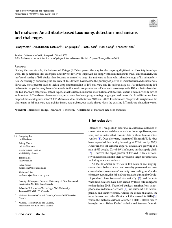 (PDF) IoT malware: An attribute-based taxonomy, detection mechanisms and challenges