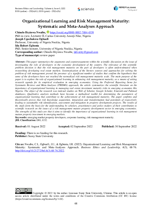 (PDF) Organizational Learning and Risk Management Maturity: Systematic and Meta-Analyses Approach
