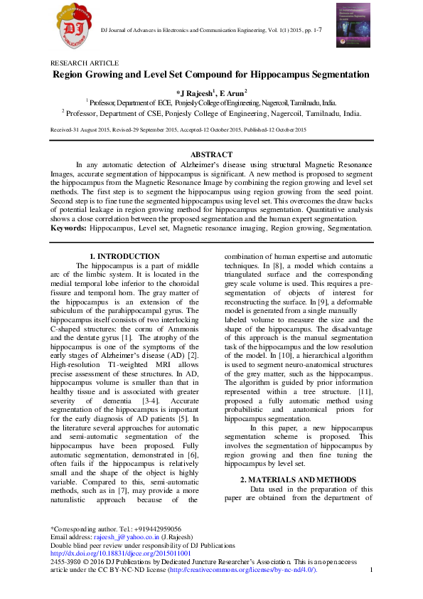 (PDF) Region Growing and Level Set Compound for Hippocampus Segmentation