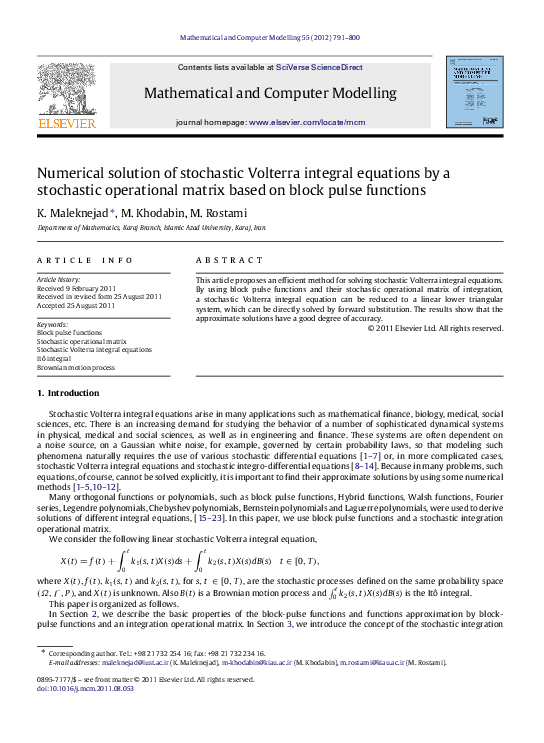 (PDF) Numerical solution of stochastic Volterra integral equations by a ...