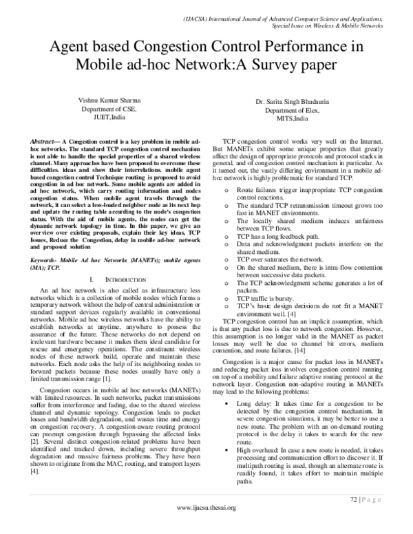 Pdf Agent Based Congestion Control Performance In Mobile Ad Hoc Network A Survey Paper