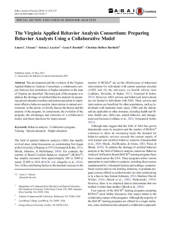 (PDF) The Virginia Applied Behavior Analysis Consortium: Preparing ...