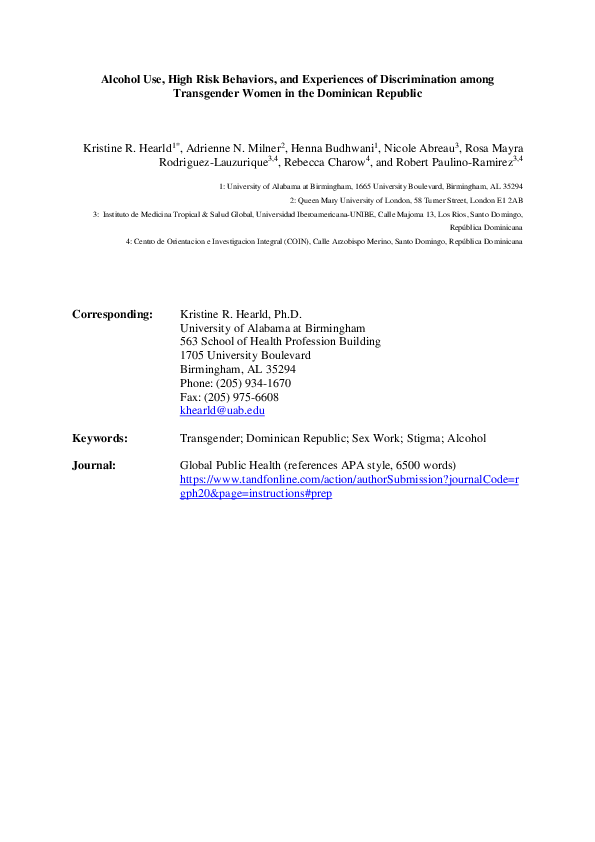 (PDF) Alcohol Use, High Risk Behaviors, and Experiences of Discrimination Among Transgender ...