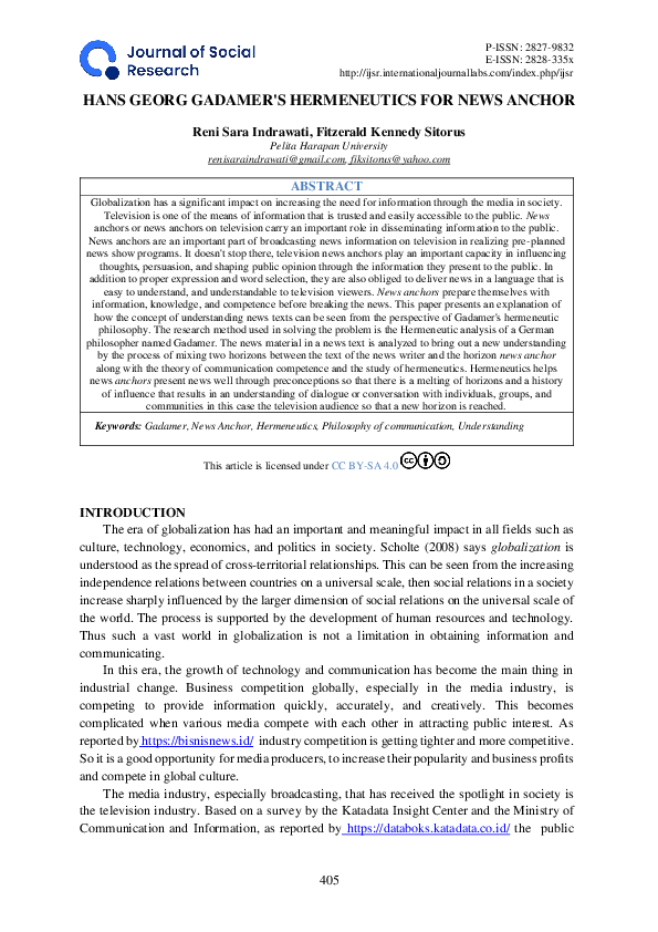 (PDF) Hans Georg Gadamer's Hermeneutics for News Anchor