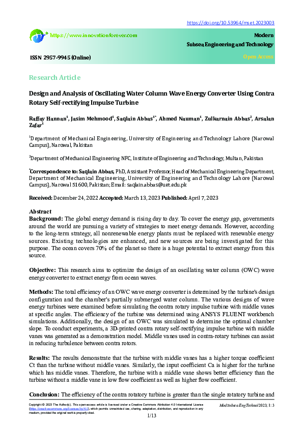 Pdf Design And Analysis Of Oscillating Water Column Wave Energy Converter Using Contra Rotary